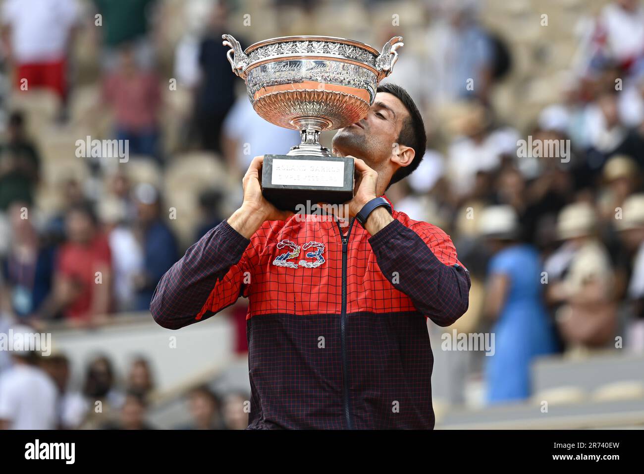 Novak Djokovic with the trophy ("La Coupe des Mousquetaires") during ...