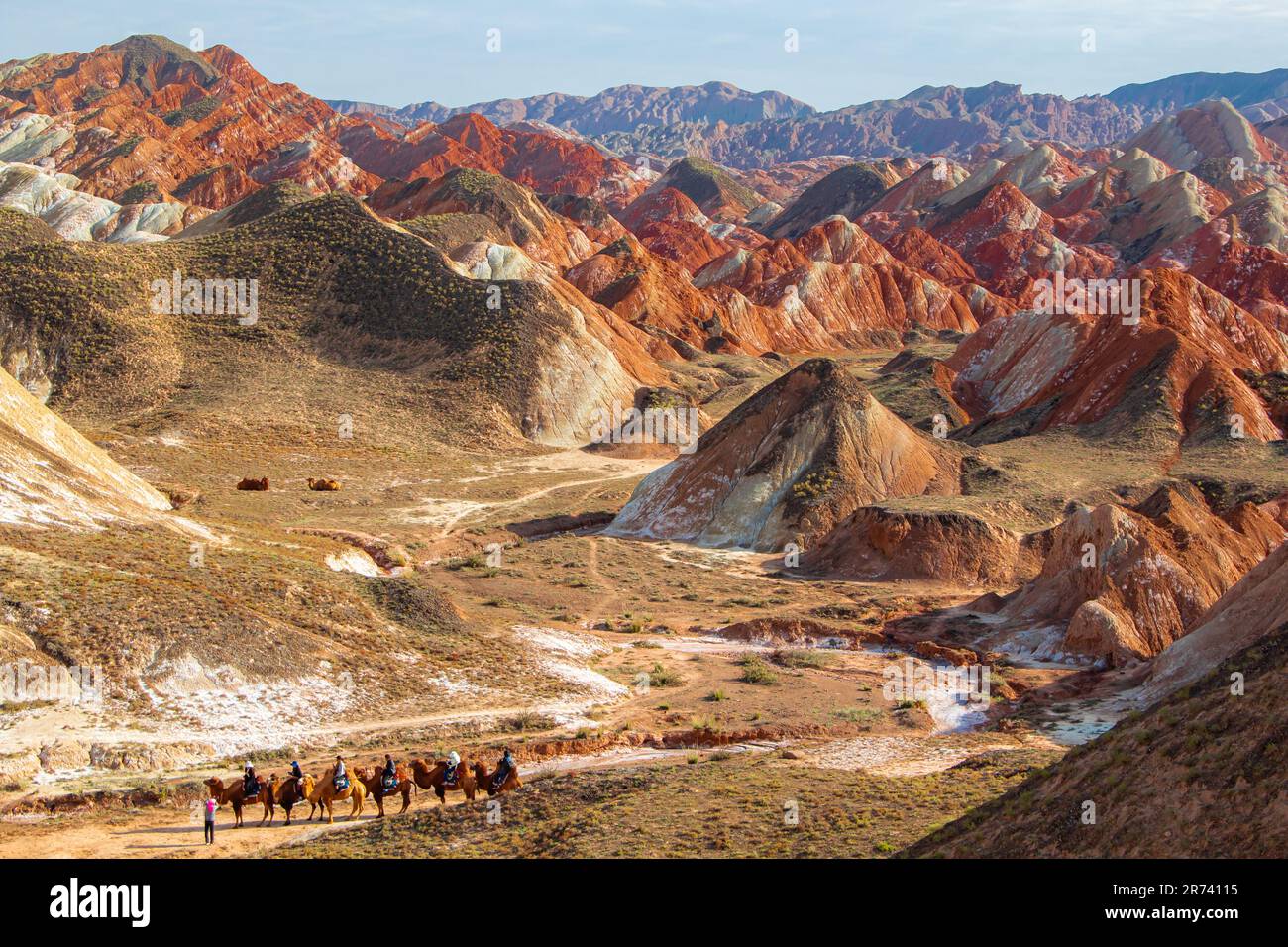 Travellers with camels in Colorful mountain in Danxia landform in Zhangye, Gansu of China. Silk ...