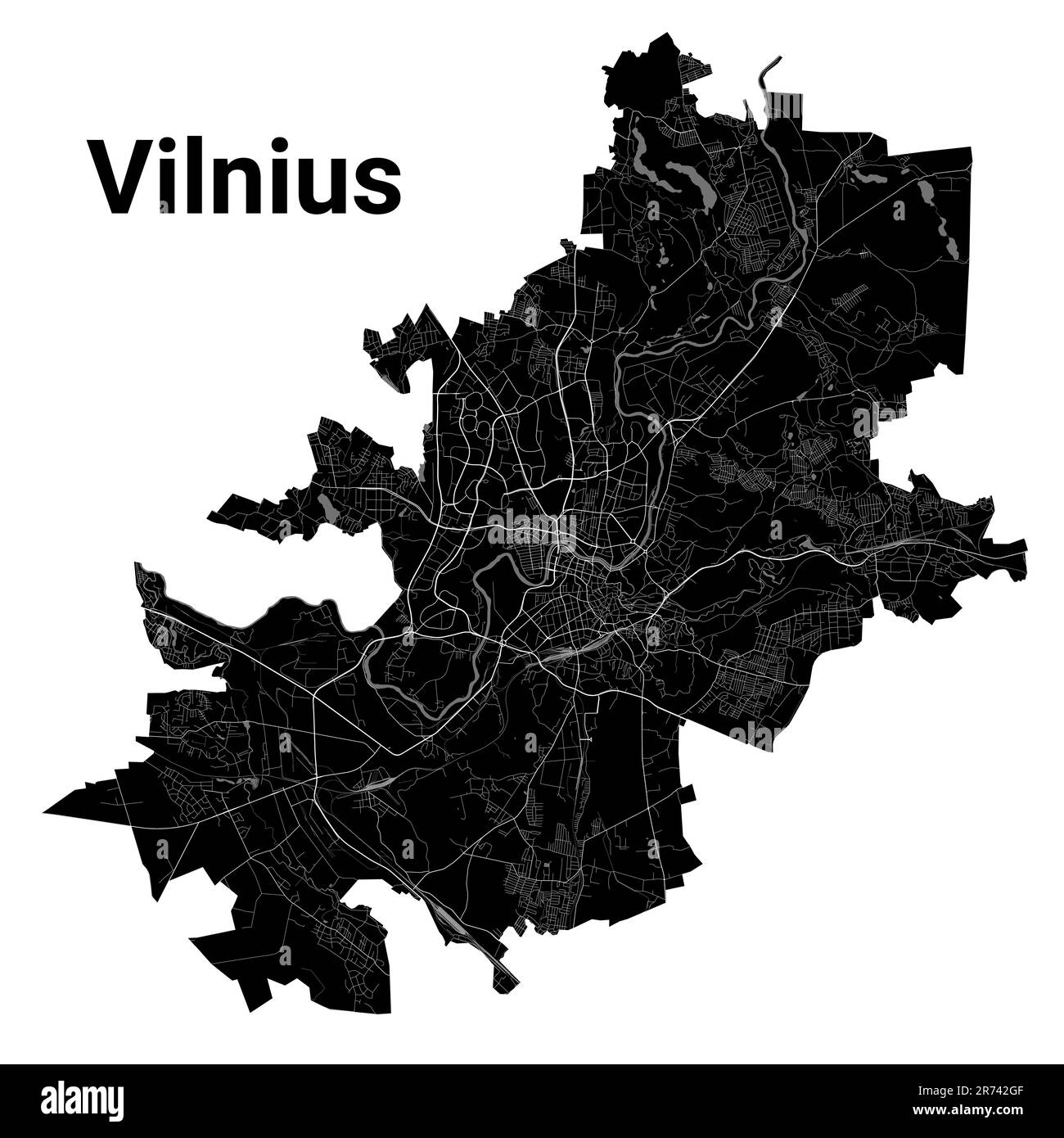Vilnius city map, detailed administrative borders municipal black and white map, Lithuania ...