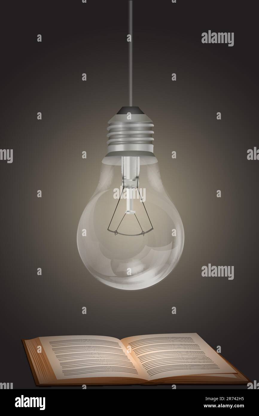 illustration of electric bulb with book on white background Stock ...