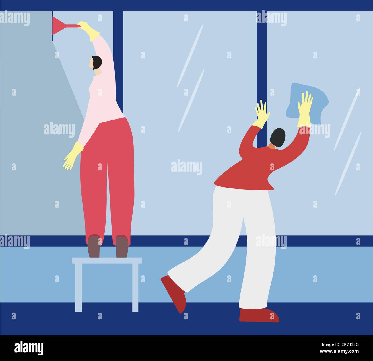 People washing windows. Cleaners wash windows with a squeegee and wipe ...