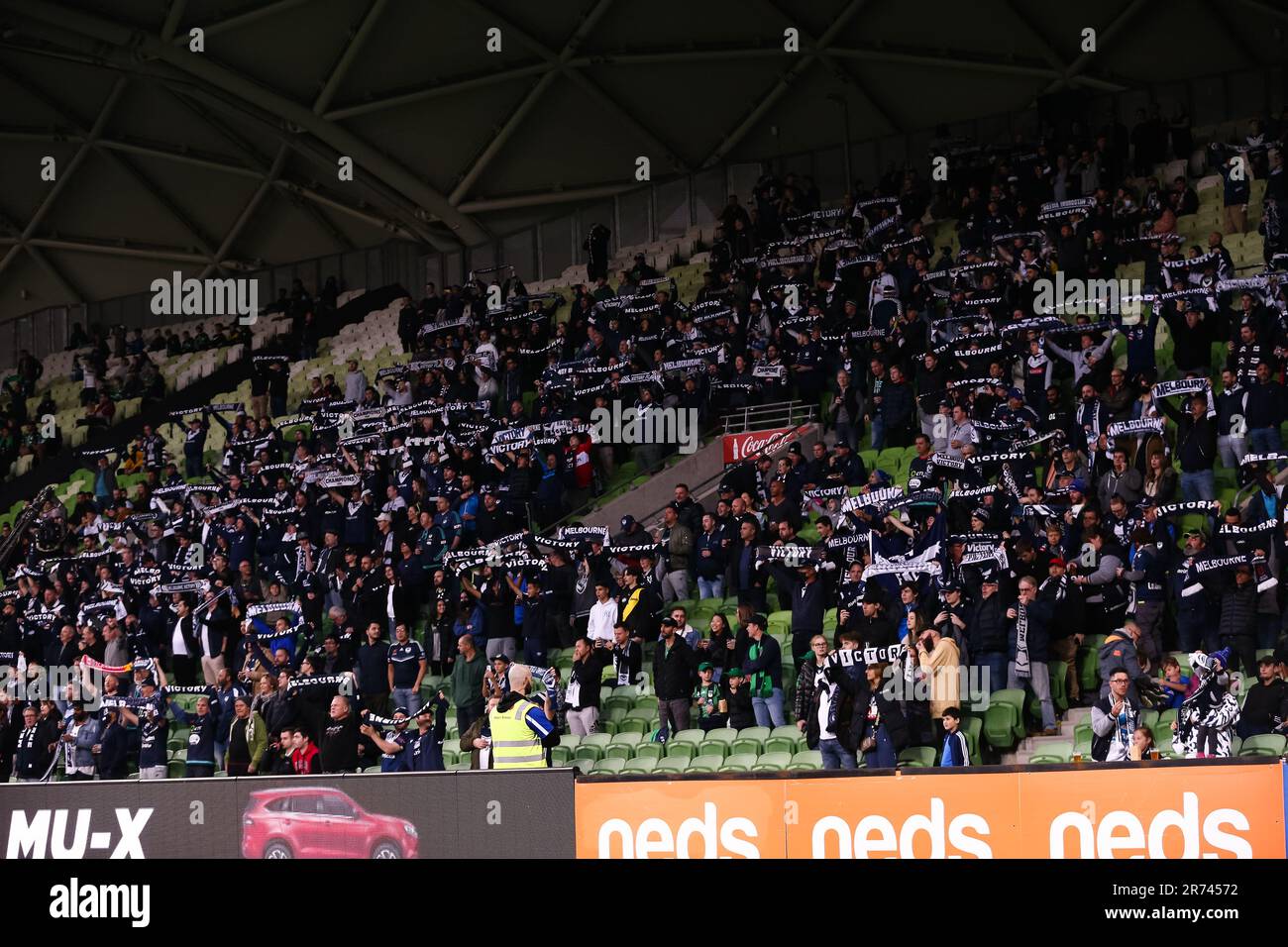 MELBOURNE, AUSTRALIA - MAY 21: Melbourne Victory fans hold their ...