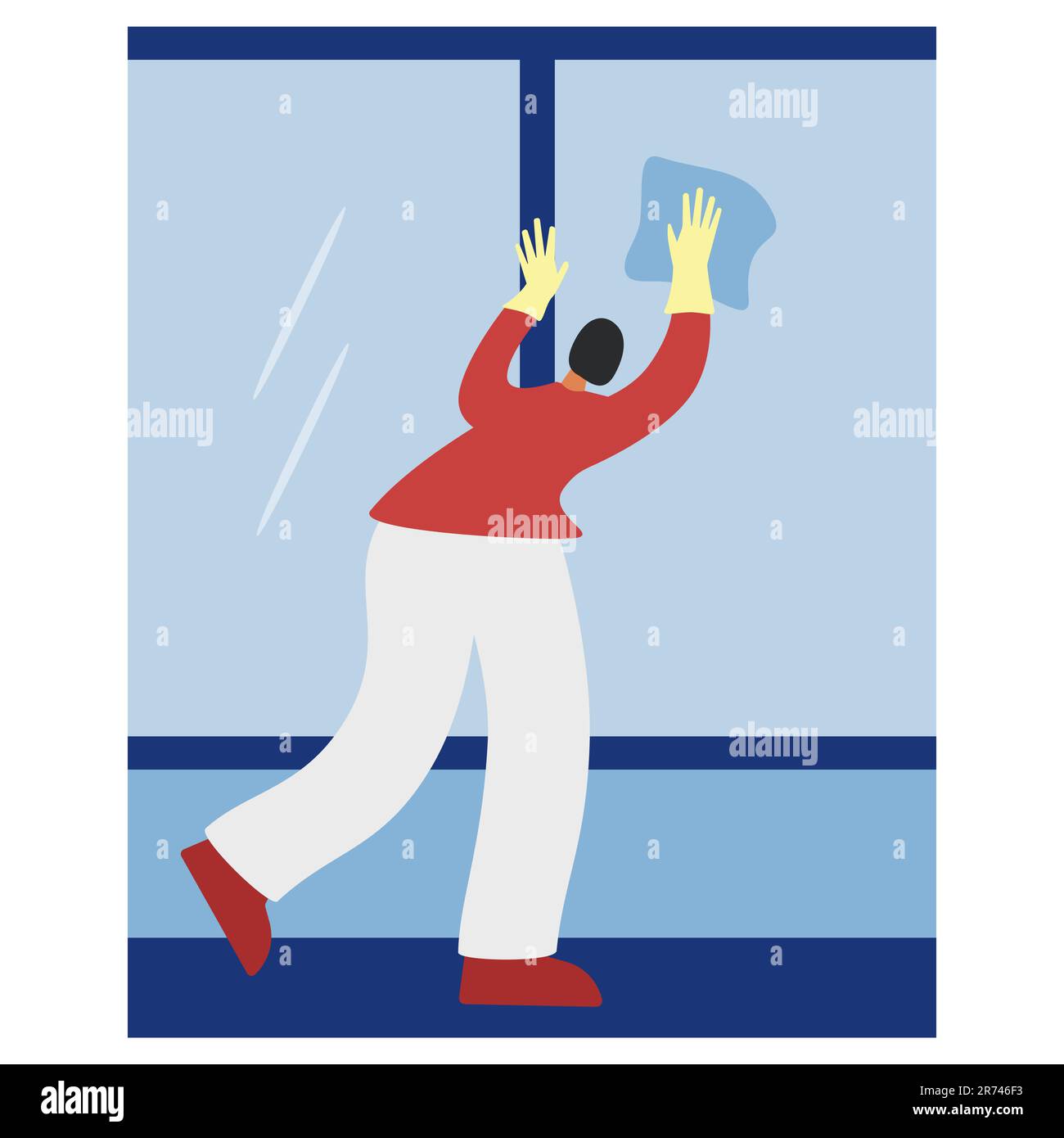 Cleaner washing window with wet cloth Vector illustration Isolated on ...
