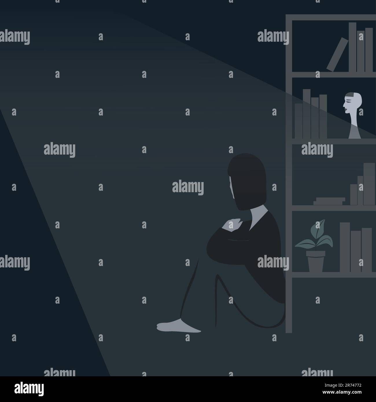 Mental health. Sad girl is sitting on the floor near bookshelf ...