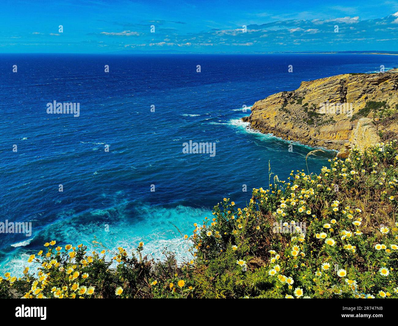 An aerial view of a picturesque view of a tranquil beach in Setubal ...