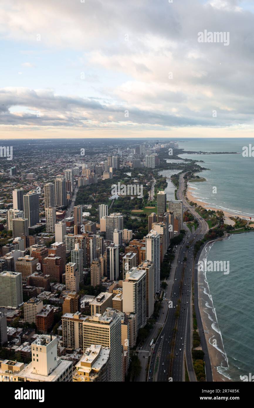 Aerial view of Chicago downtown with high rise buildings and lake ...