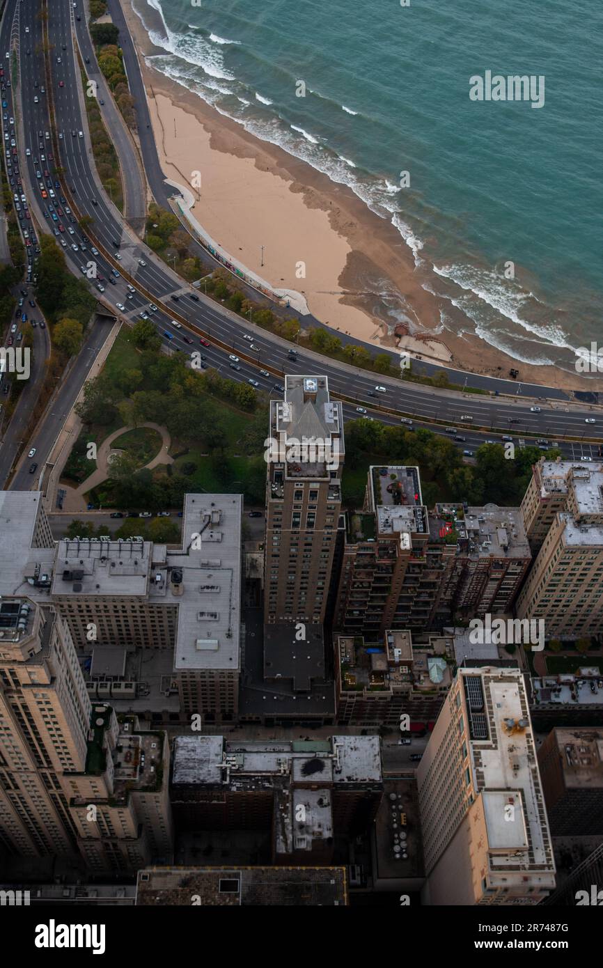 Aerial view of Chicago downtown with high rise buildings and lake ...