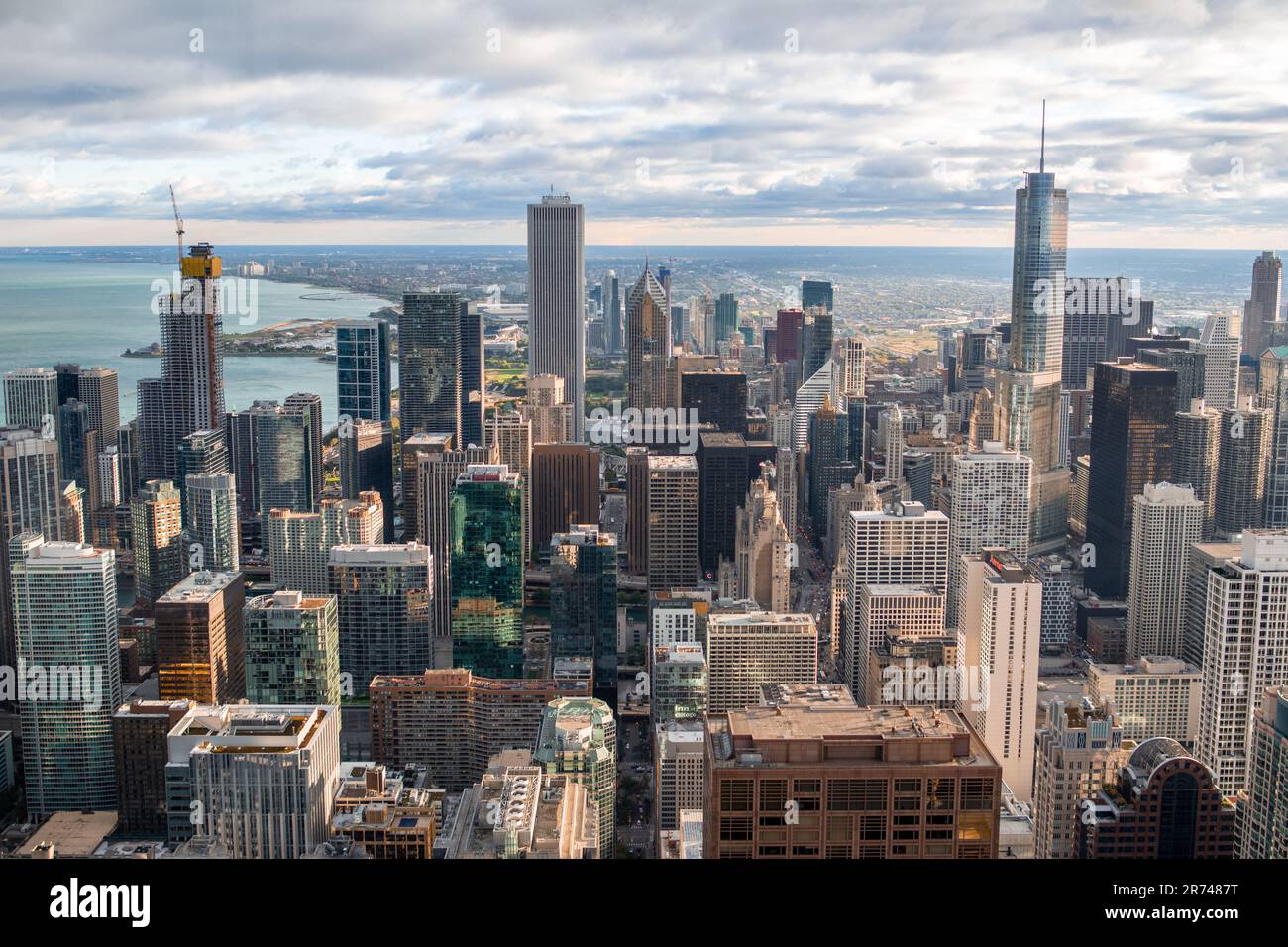 Aerial view of Chicago downtown with high rise buildings and lake ...