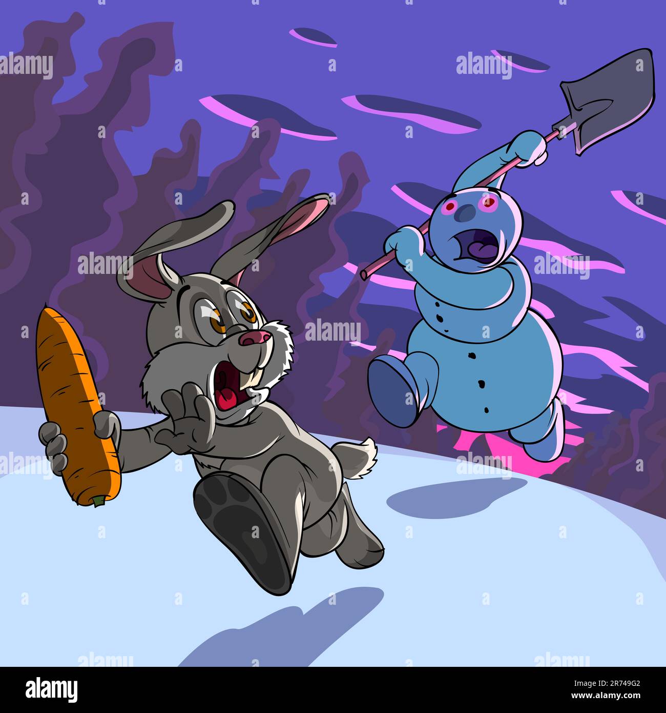 Snowman is trying to catch a hare who stole his carrot Stock Vector ...