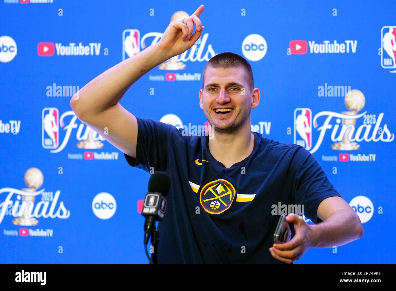 Denver Nuggets' Nikola Jokic talks to reporters after the team won the ...