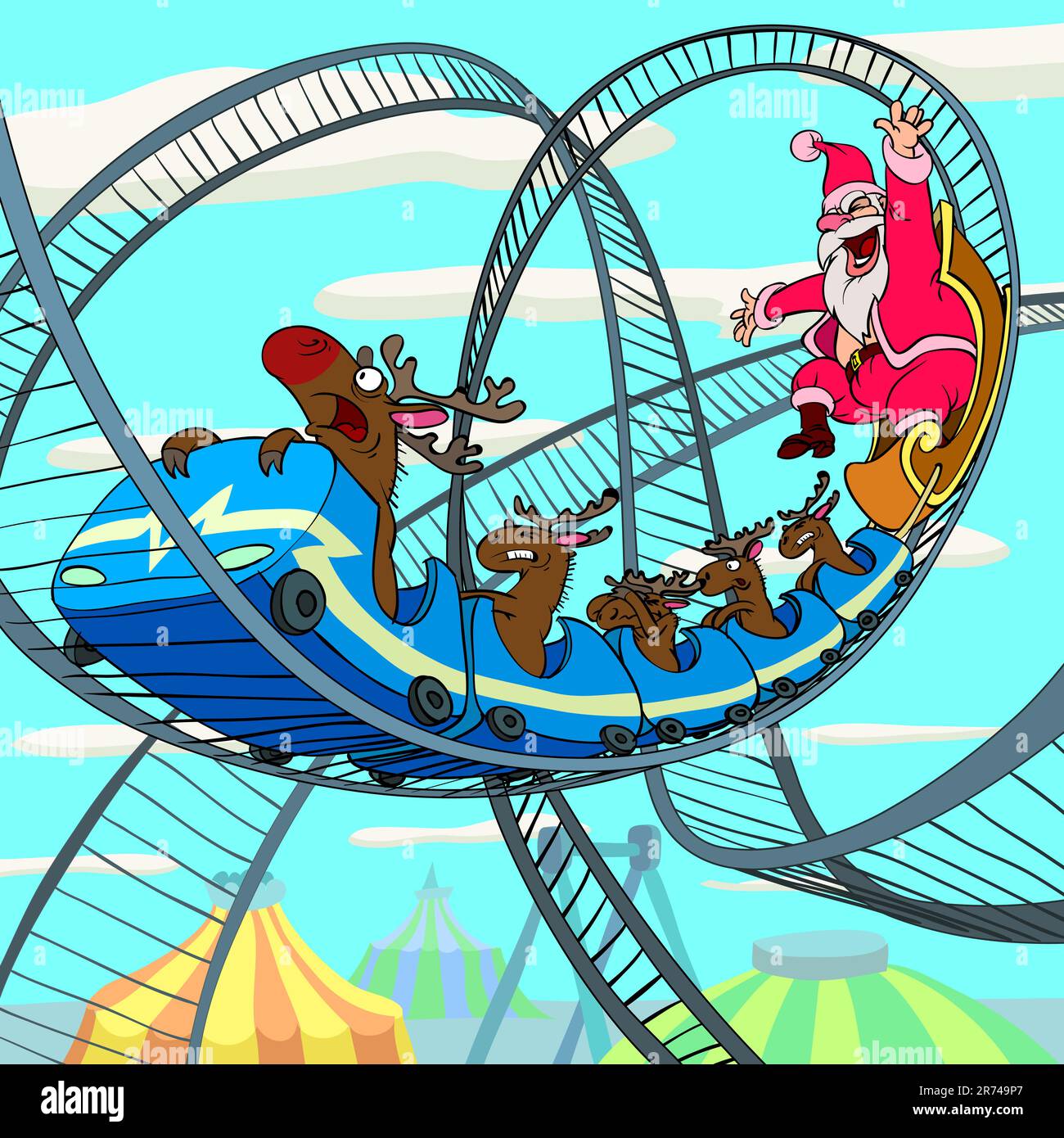 Happy Santa Claus and a scared deer is riding a roller coaster Stock ...