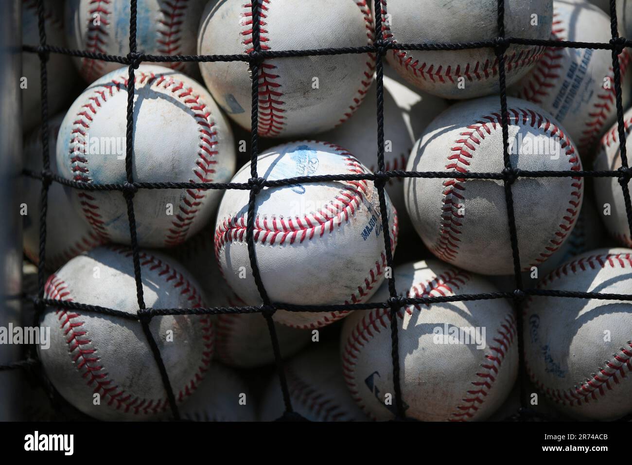 WORCESTER, MA - JUNE 11: A detail view of baseballs used before an MiLB ...
