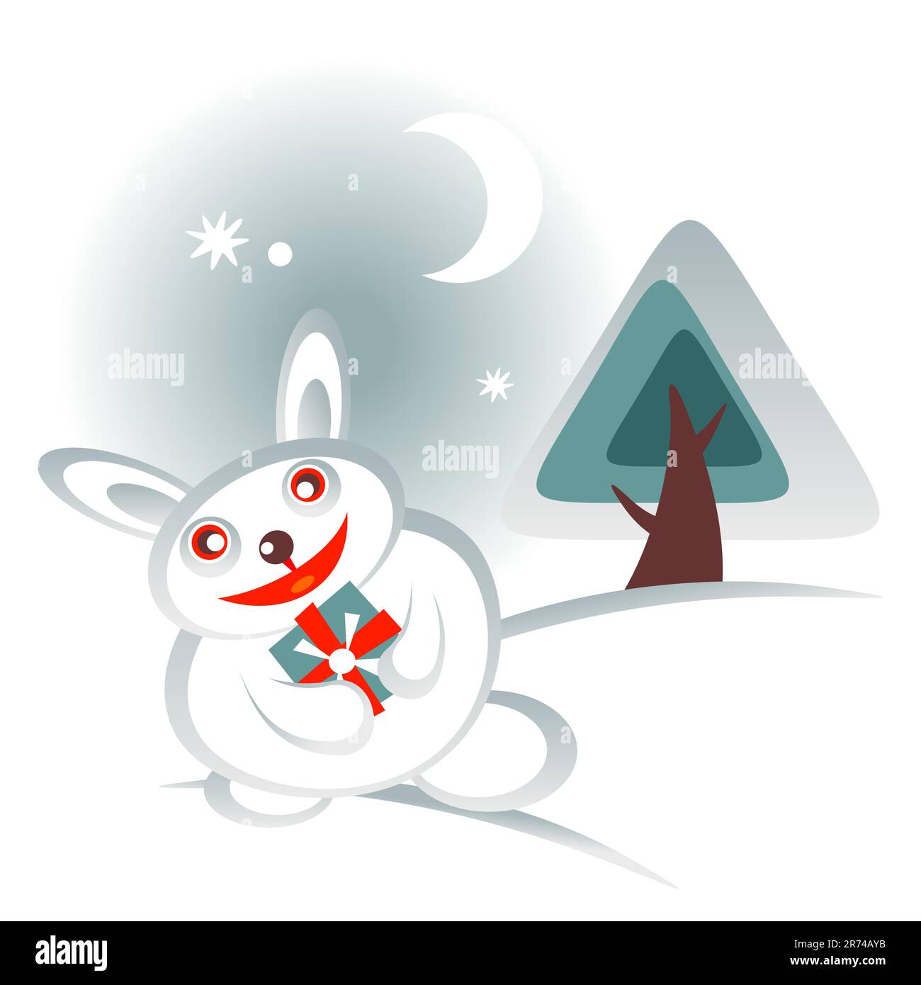 Cartoon snow rabbit with gift and pine on a winter background Stock ...