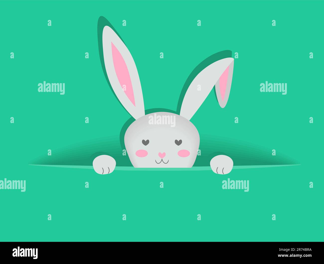 Empty solid green background with hiding bunny. Template for holiday ...