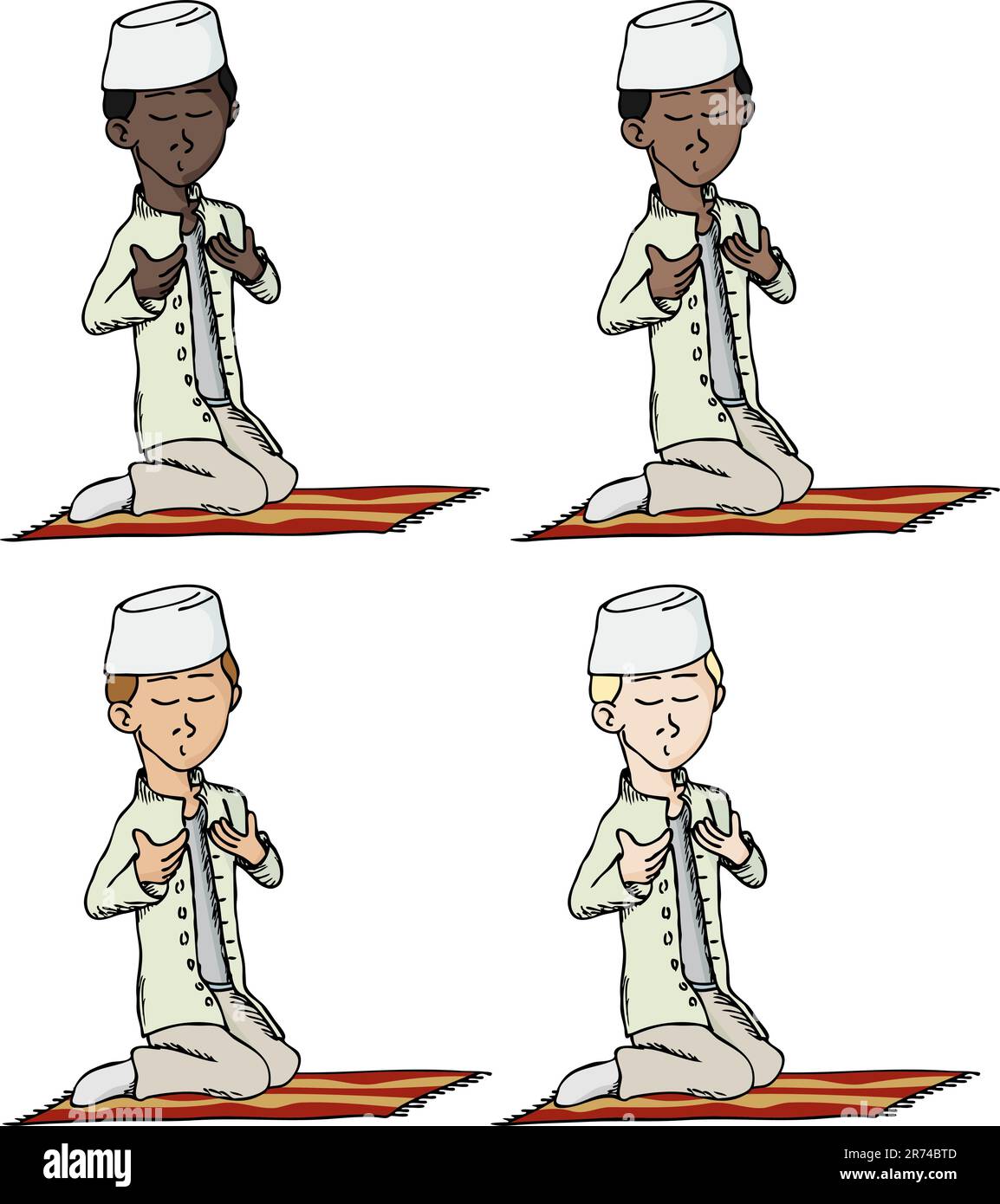 A cartoon of a young Muslim boy with fez making a supplication while ...