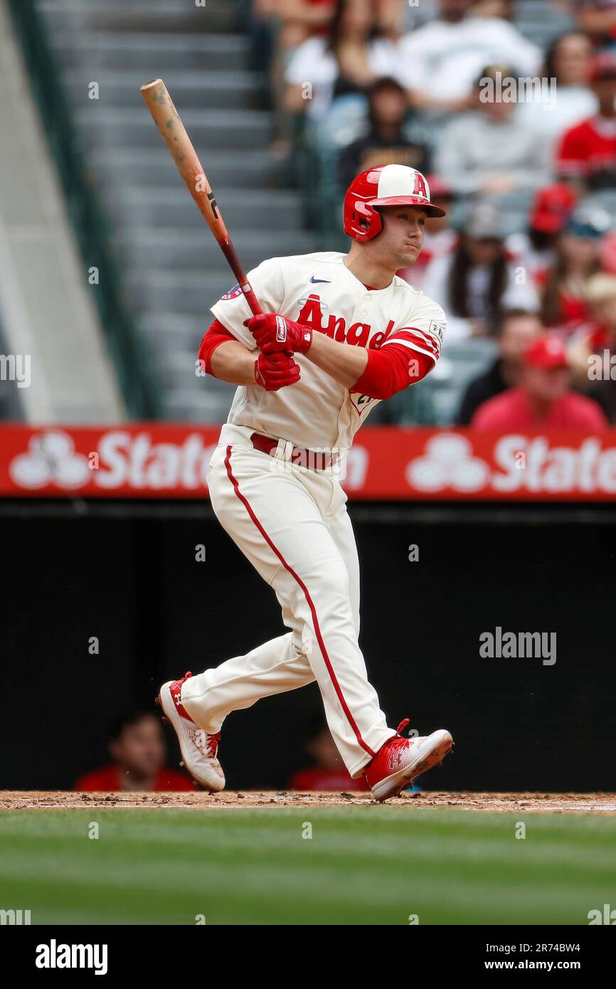 ANAHEIM, CA - JUNE 11: Los Angeles Angels catcher Matt Thaiss (21) hits ...
