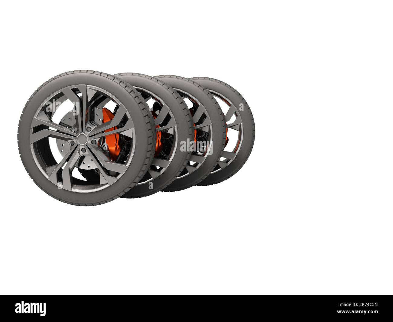 3D rendering group set of wheels and tires for car side view on white ...