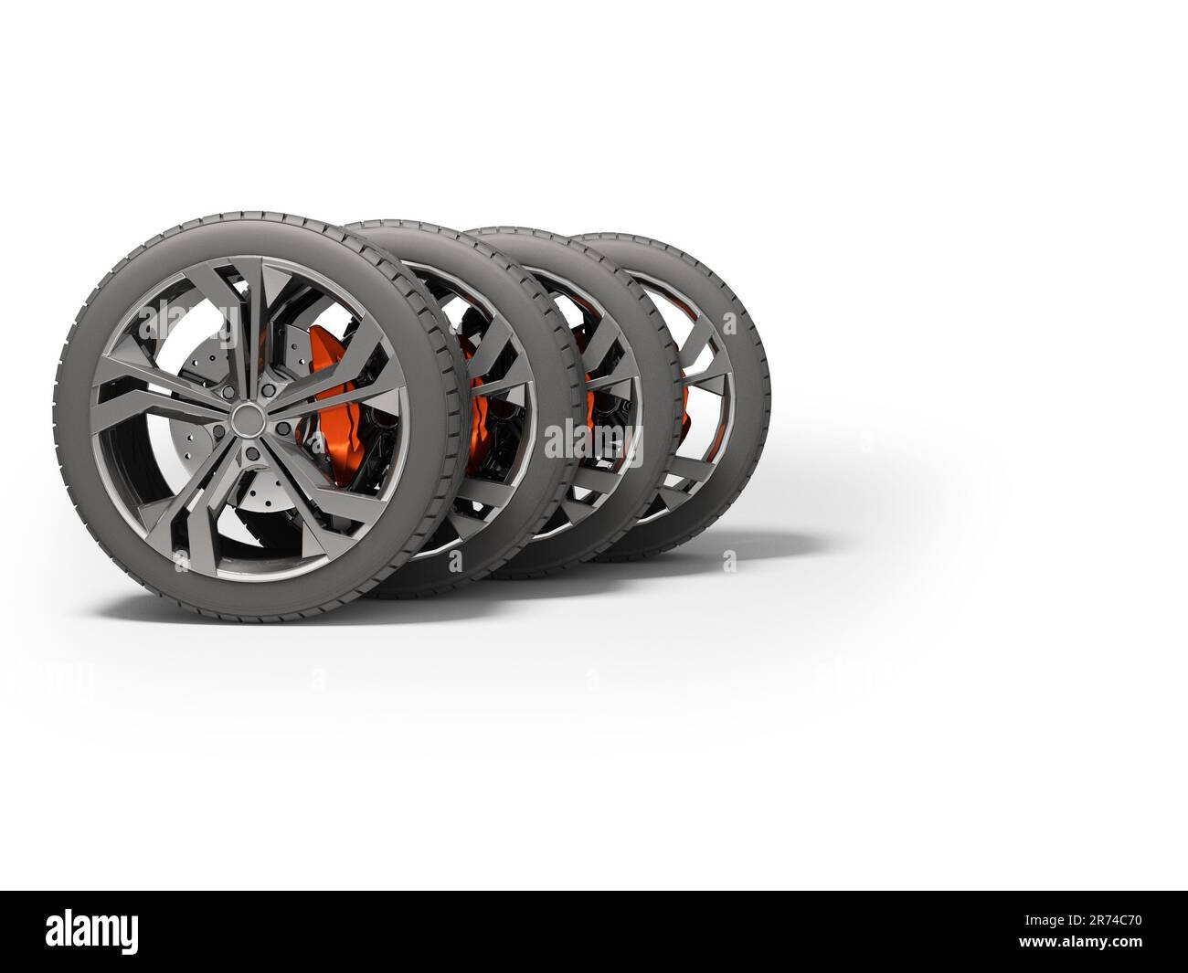 3D rendering group set of wheels and tires for car side view on white ...