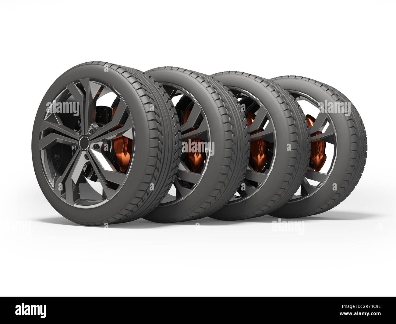 3D rendering of set of wheels and tires for car side view on white ...