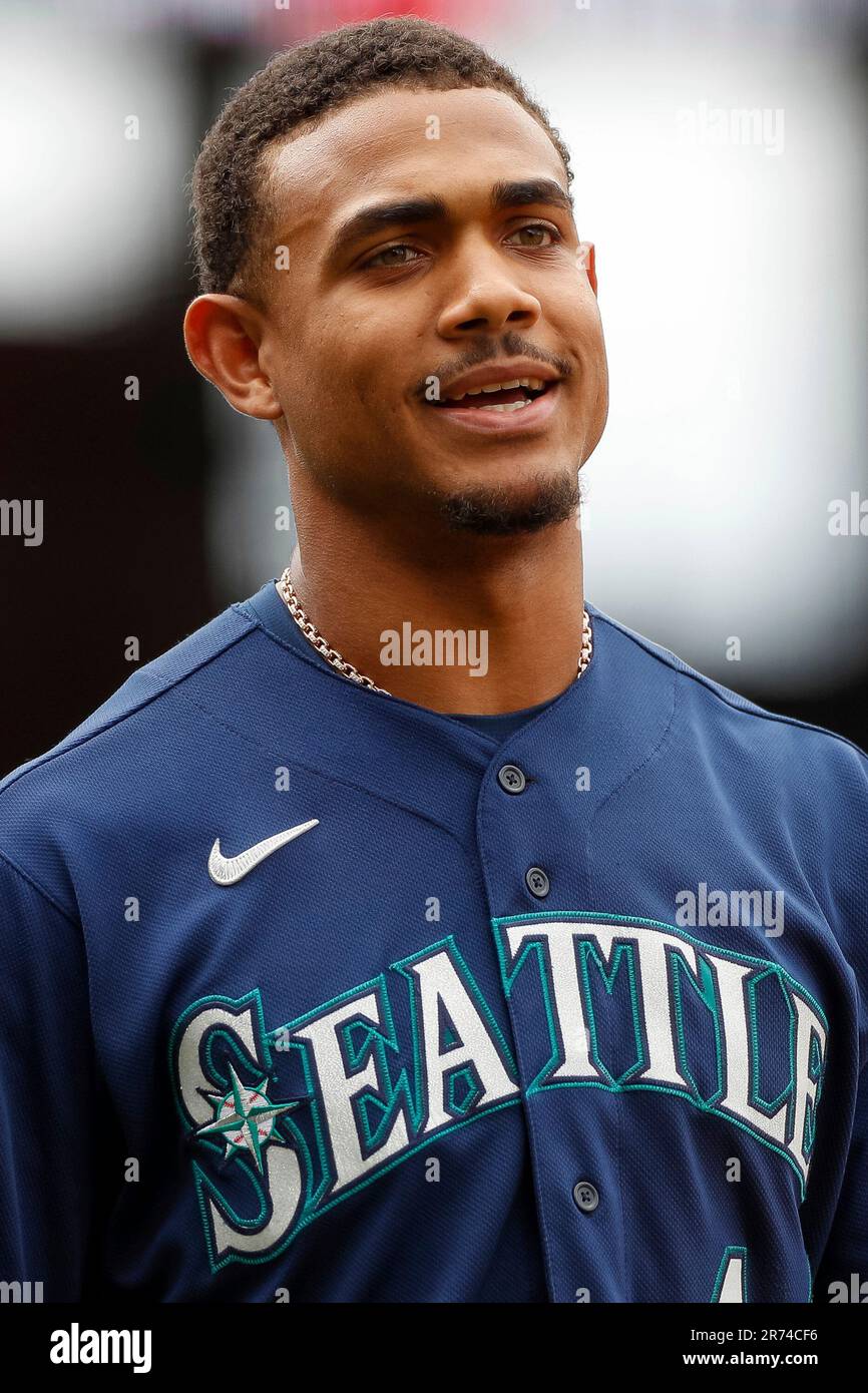 ANAHEIM, CA - JUNE 11: Seattle Mariners center fielder Julio Rodriguez ...