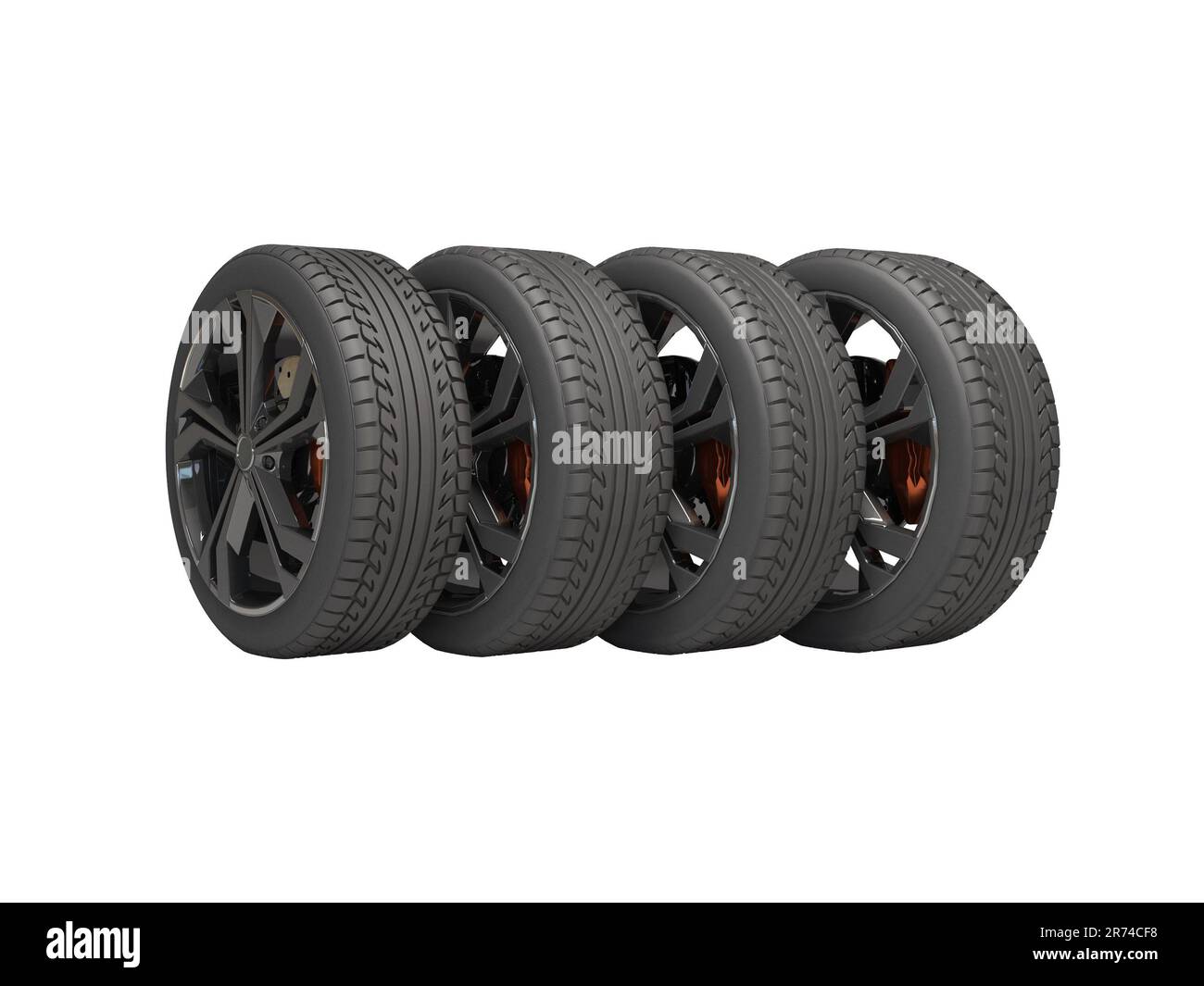 3D rendering of set of wheels for car side view on white background no ...