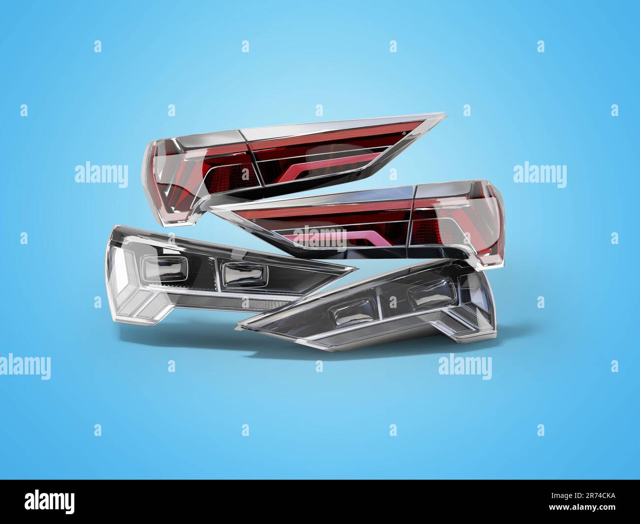 3D rendering of modern headlights for car on blue background with ...