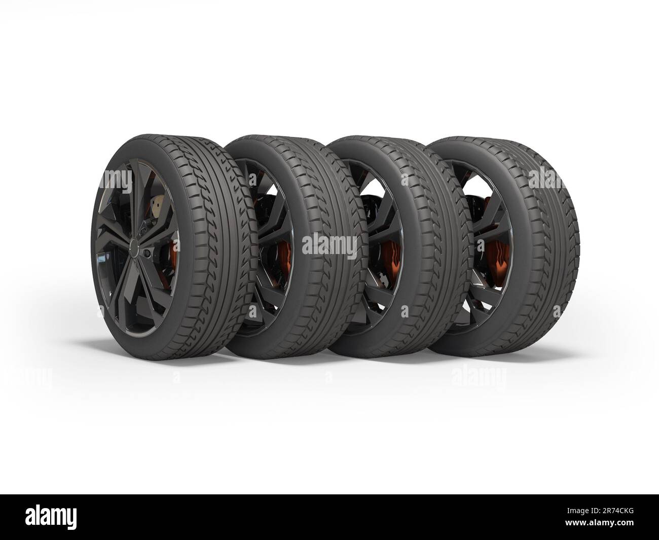 3D rendering of set of wheels for car side view on white background ...