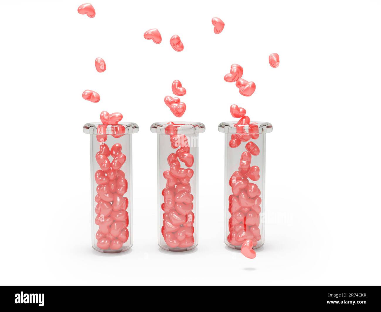 Red hearts in test tubes for valentines day 3d illustration on white ...