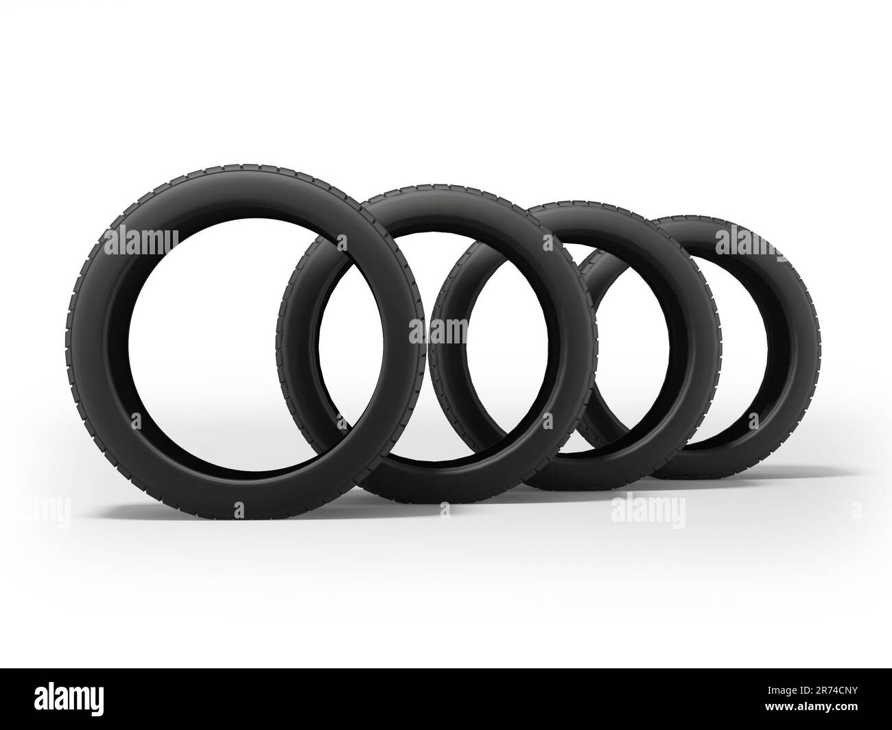 3D rendering set of four tires for car on white background with shadow ...