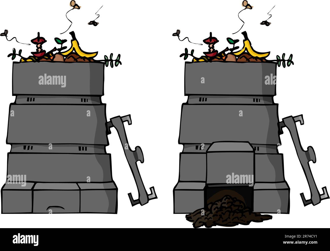 A hand-drawn illustration of full compost bin with a version with ...