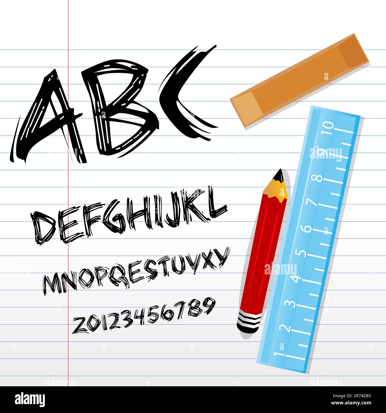 illustration of alphabetical texts pencil, ruler and book Stock Vector ...