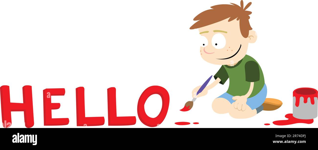 A greeting caption. A boy painting the word 'Hello' in red paint ...