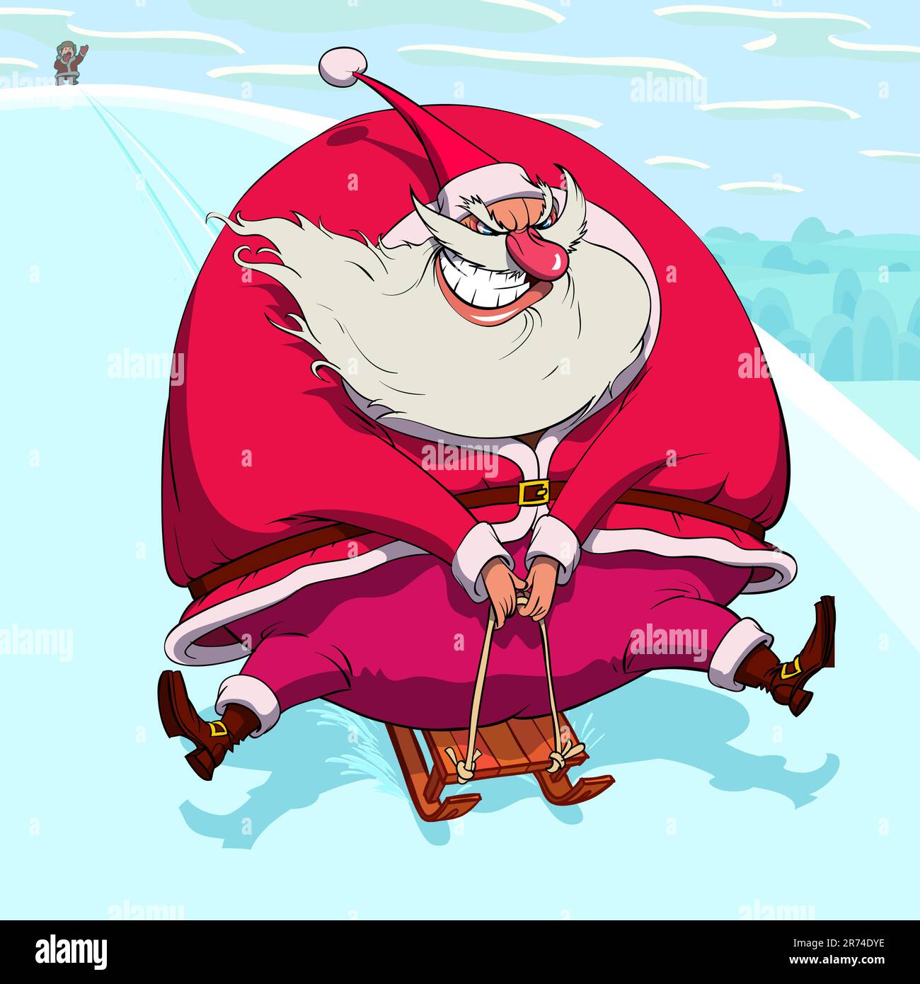 Happy Santa Claus is sliding from a hill in a sled Stock Vector Image ...