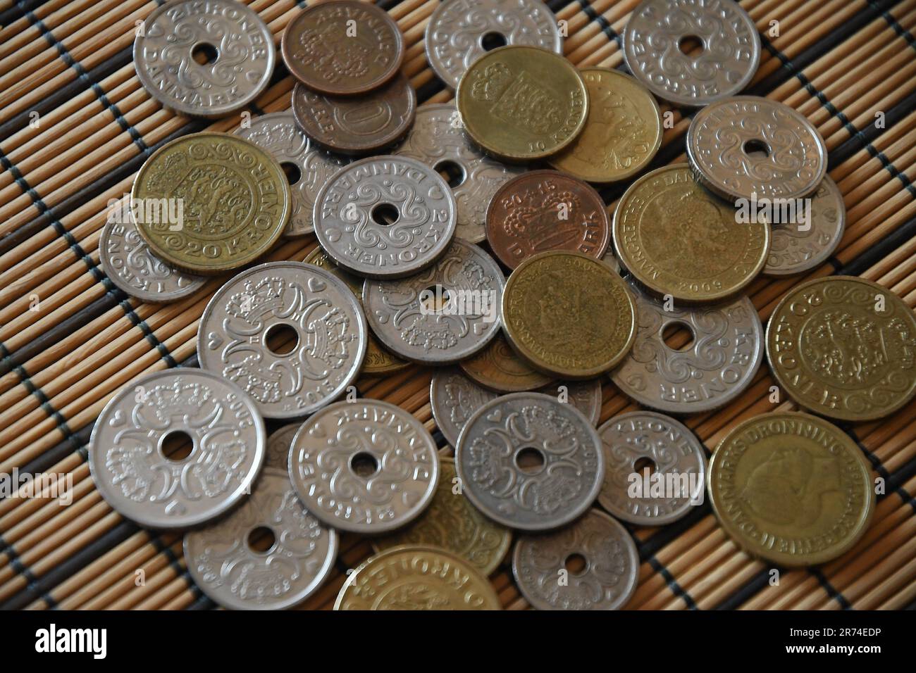 13 June 2023/Danish curency coins in danish capital Copenhagen Denmark ...