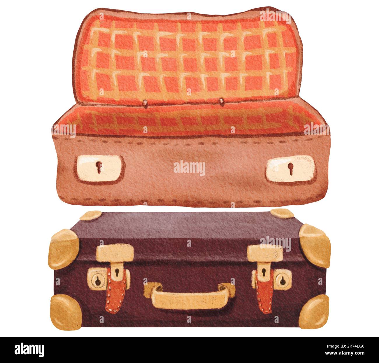 Set of open and close Stylish brown retro suitcase with gold. Old ...