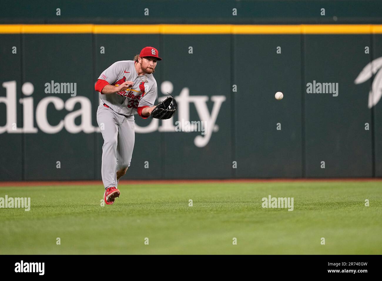 St. Louis Cardinals left fielder Brendan Donovan reaches out to field a ...