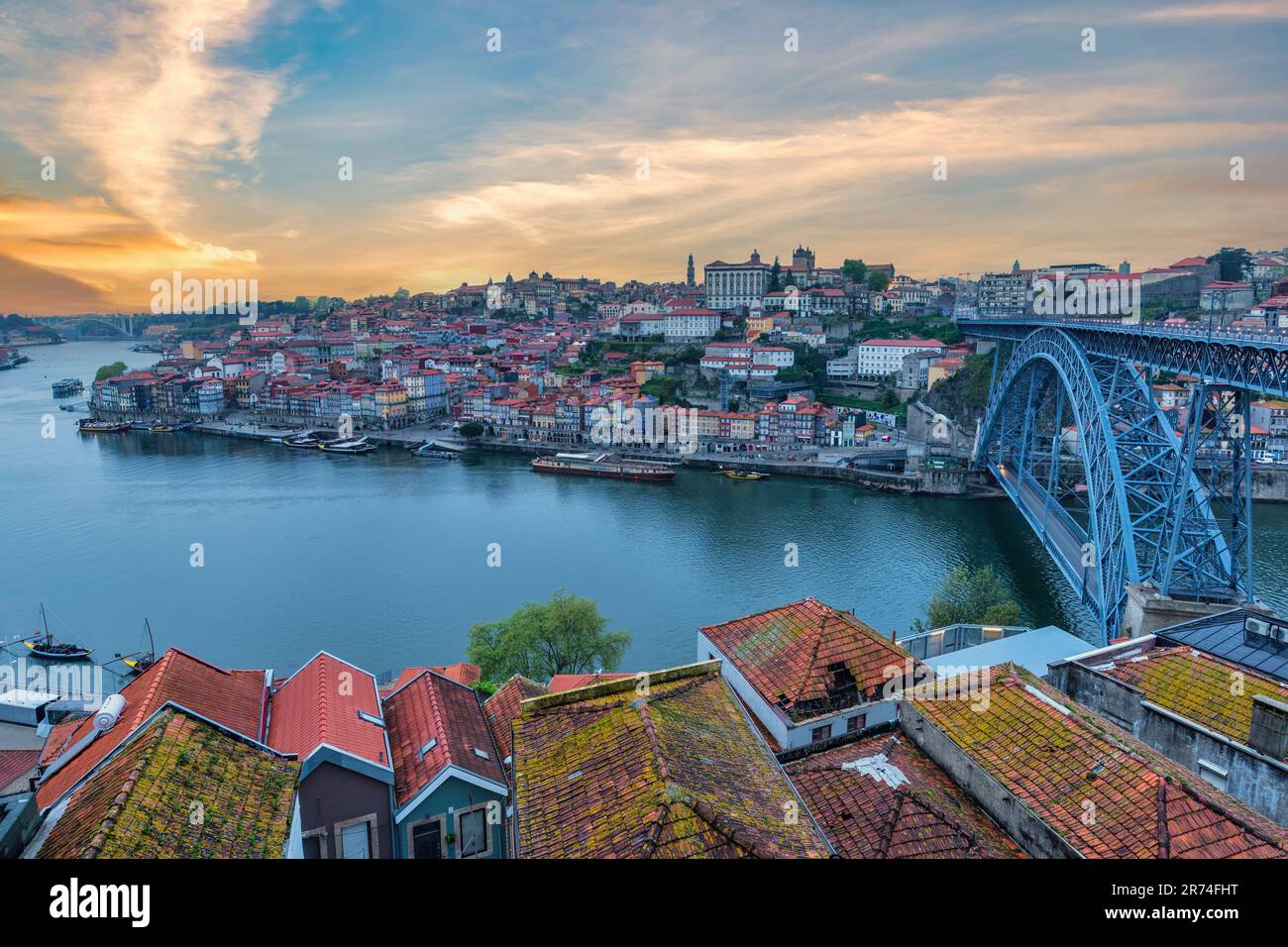 Porto Portugal, sunrise city skyline at Porto Ribeira with Douro River ...