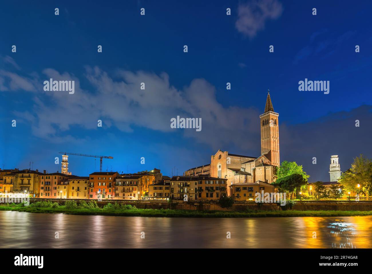Verona Italy, night city skyline at Adige river and Basilica di Santa ...
