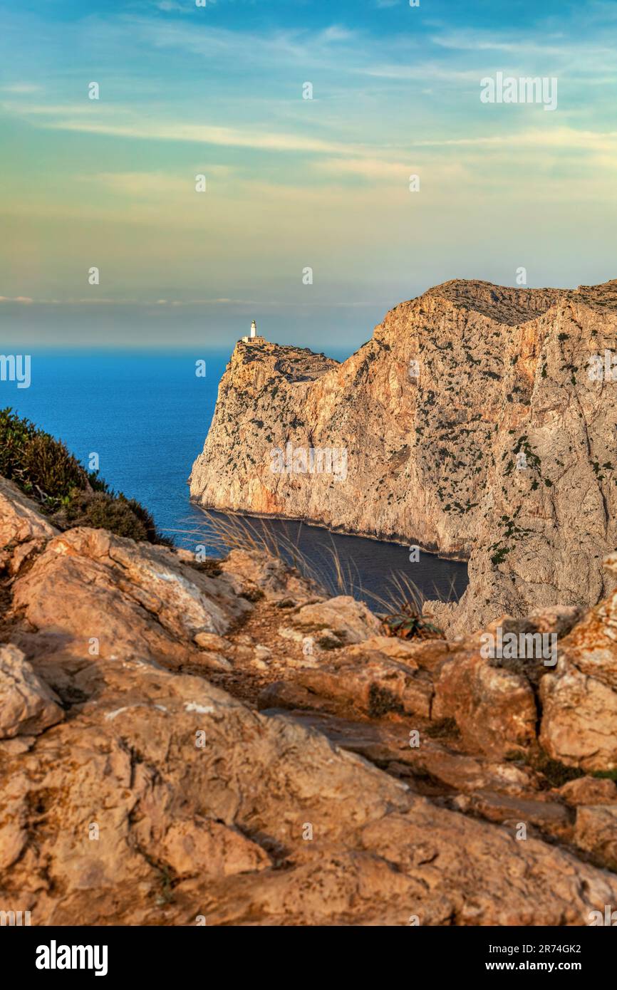 The beautiful lighthouse on the cliff of Cap Formentor. Balearic ...