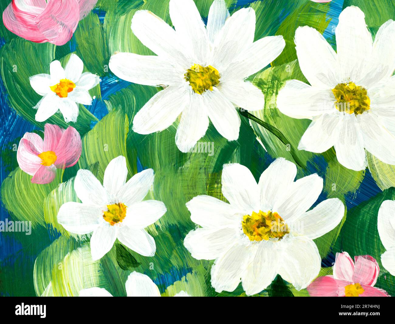 Abstract daisy flowers, original hand drawn, impressionism style, color ...