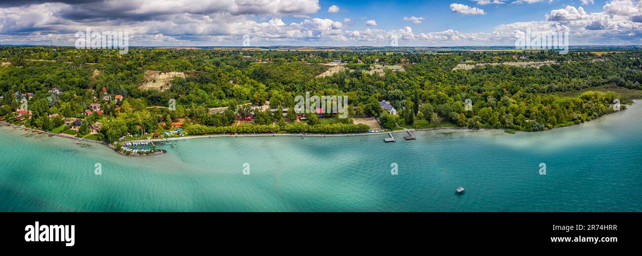 Balatonakarattya, Hungary - Aerial panoramic view of Bercsenyi Beach at ...