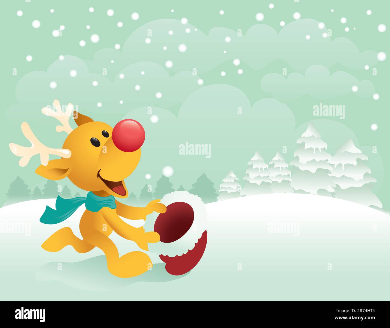 Illustration Little Rudolph running to catch the first snow Stock ...