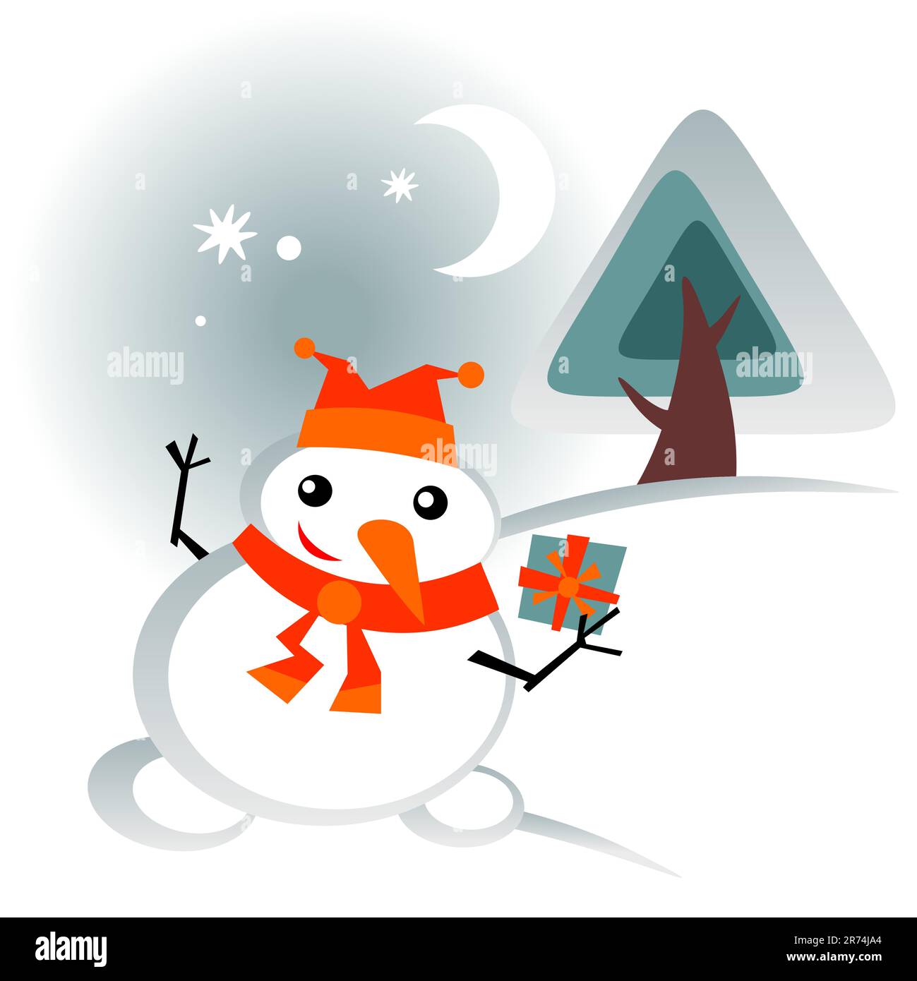 Cartoon snowball with gift and pine on a winter background Stock Vector ...