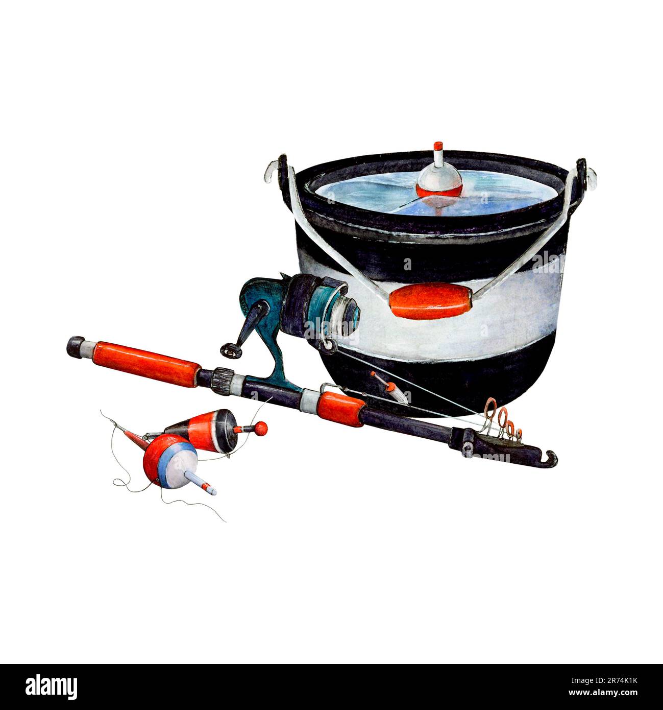 Watercolor drawing set of fishing bucket, black and white with red ...