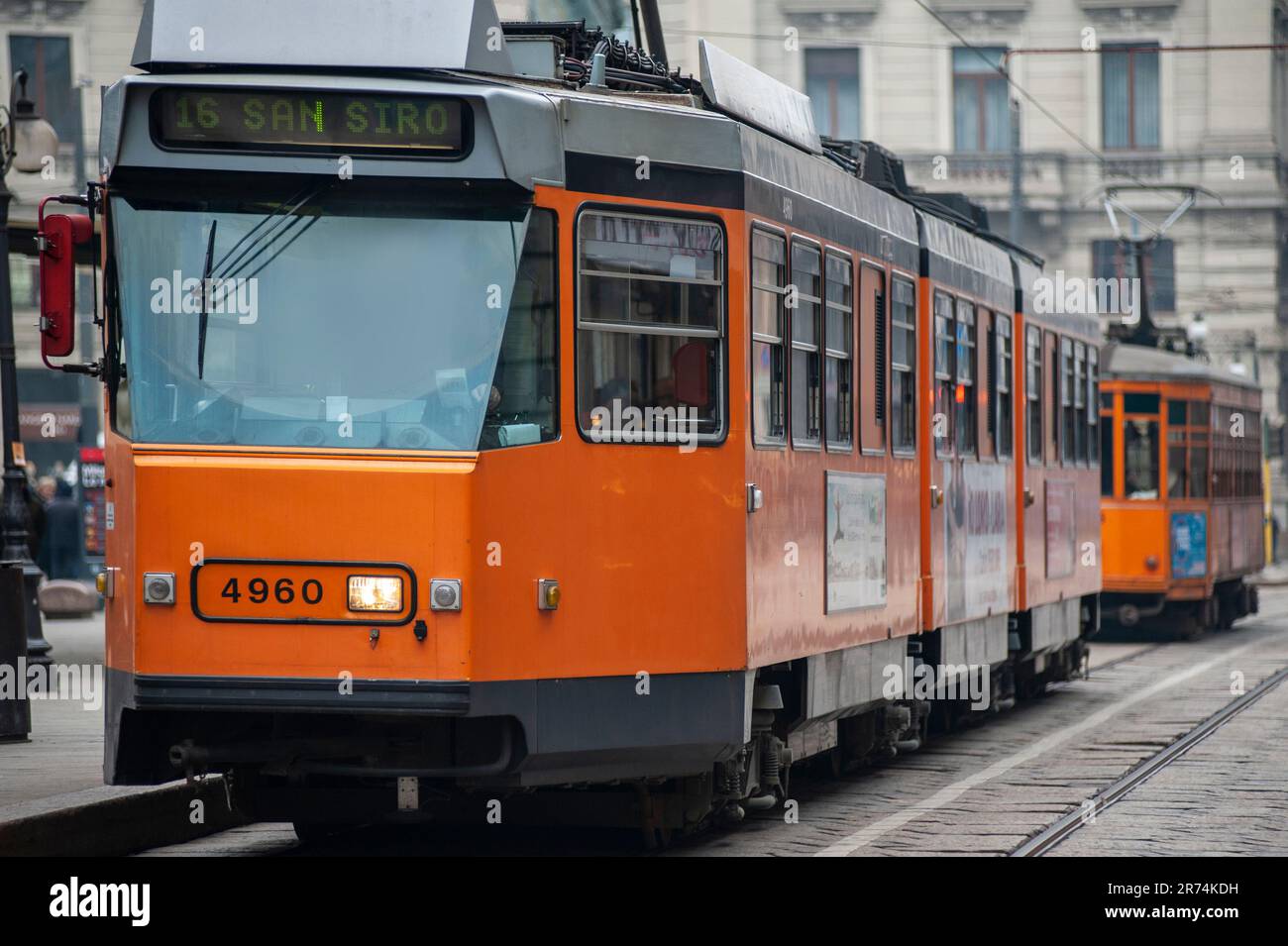 Milan, Italy. Trams, public transport in the city. Traffic of vehicles ...