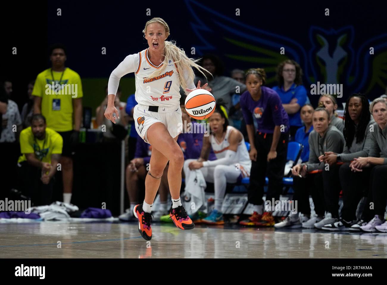 Phoenix Mercury guard Sophie Cunningham brings up the ball during a ...