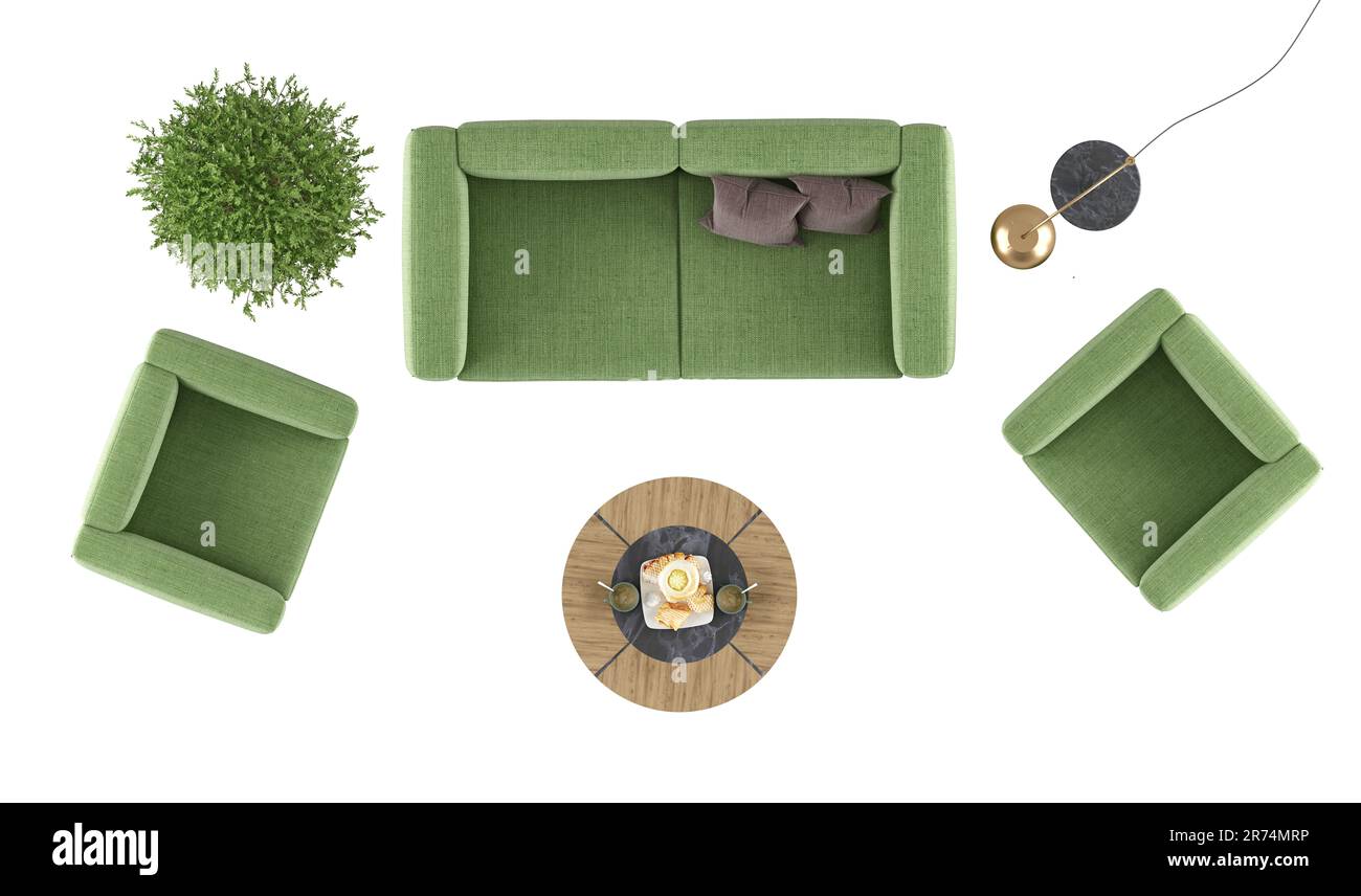 High angle of a living room with green sofa and armchairs isolated on ...