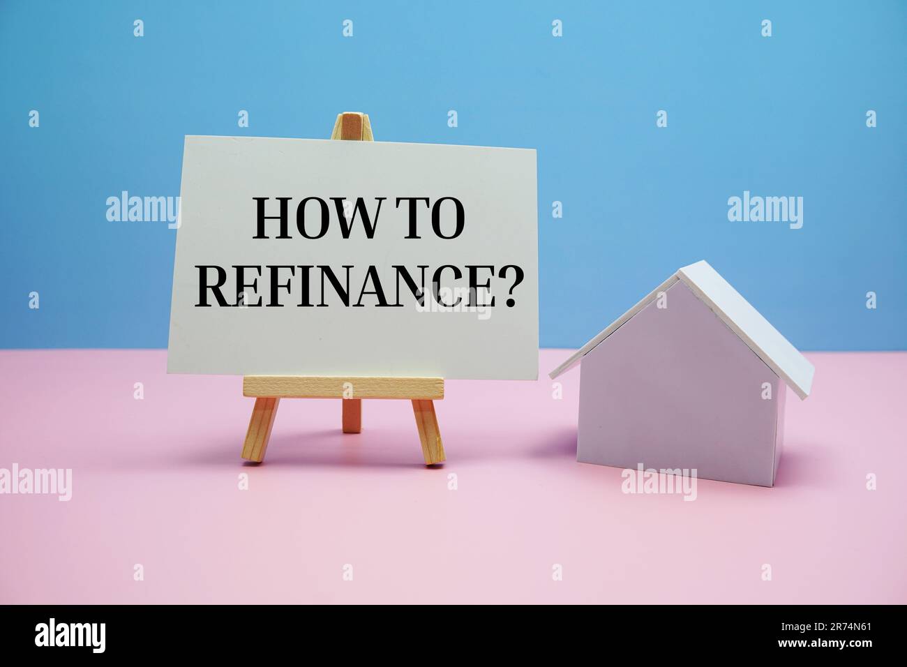 How to refinance? text message with house model on blue and pink ...