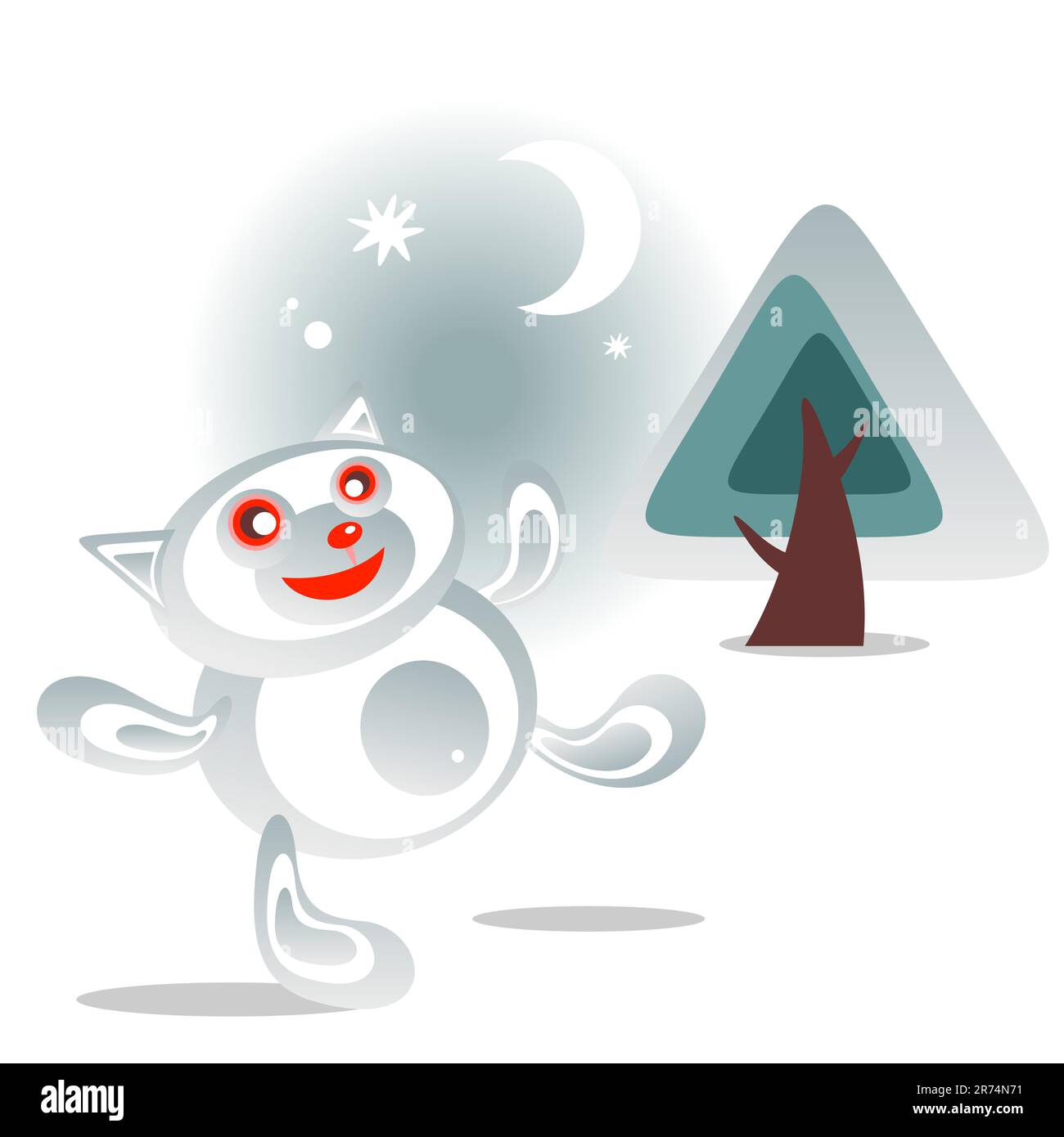 Cartoon snow cat with gift and pine on a winter background Stock Vector ...