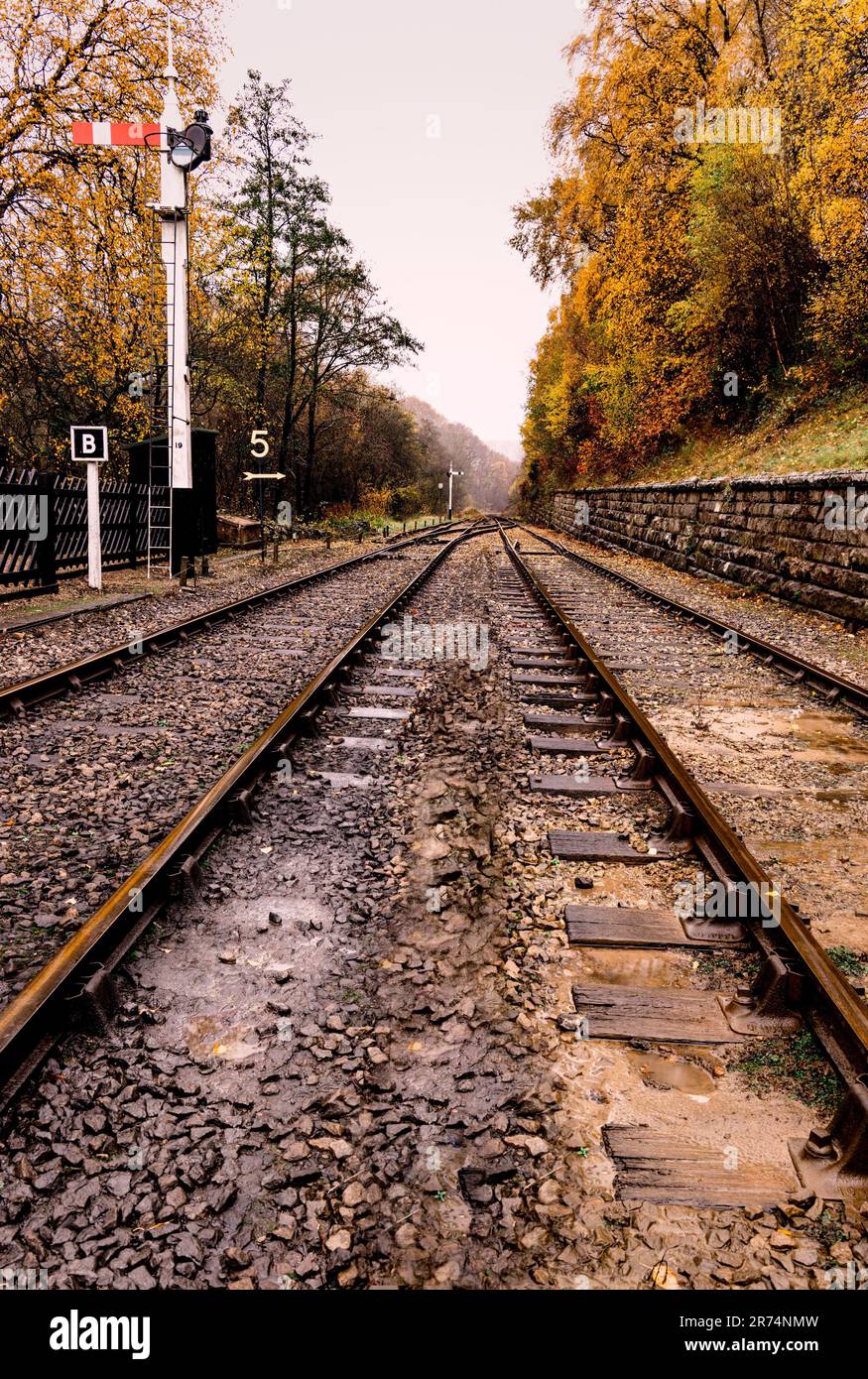 A scenic landscape of a railway track winding through a lush valley ...